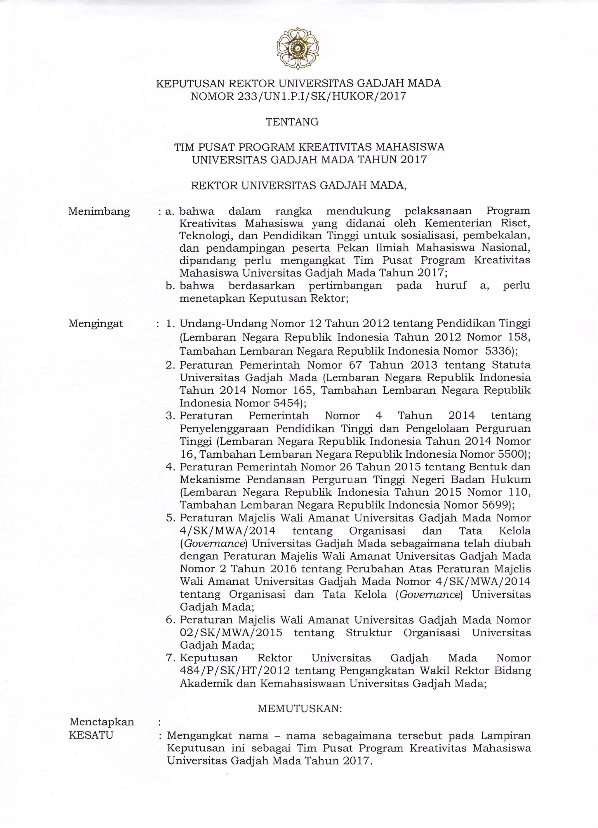 SK Rektor Tentang Tim Pusat Program Kreativitas Mahasiswa UGM Tahun 2017 | PDF