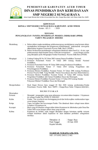 Sk Panitia PPDB dan tugas TP 2020 2021 smpn 2 Sungai Raya Aceh Timur | DOCX