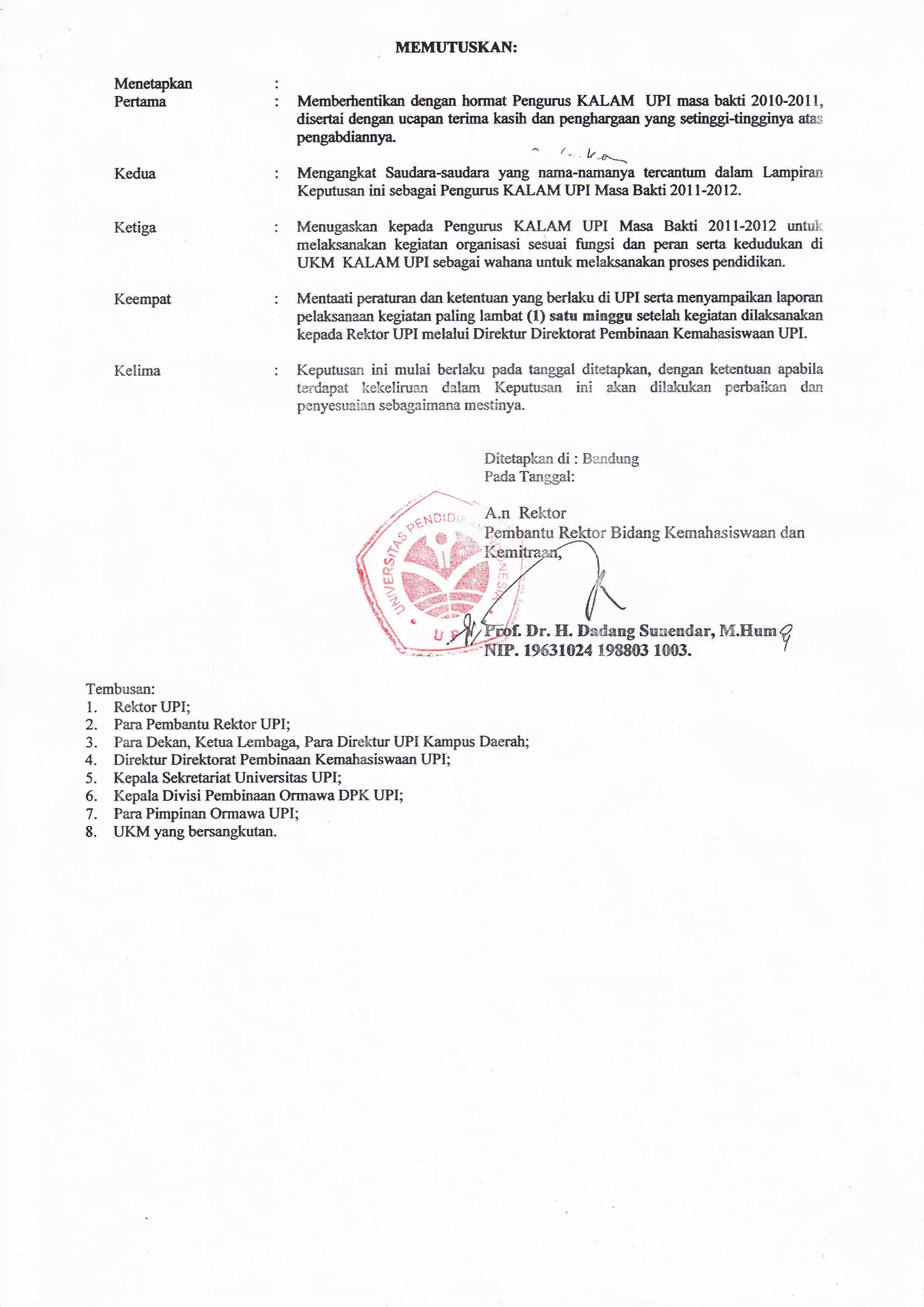 Sk rektor kepengurusan kalam upi 2011 2012 | PDF