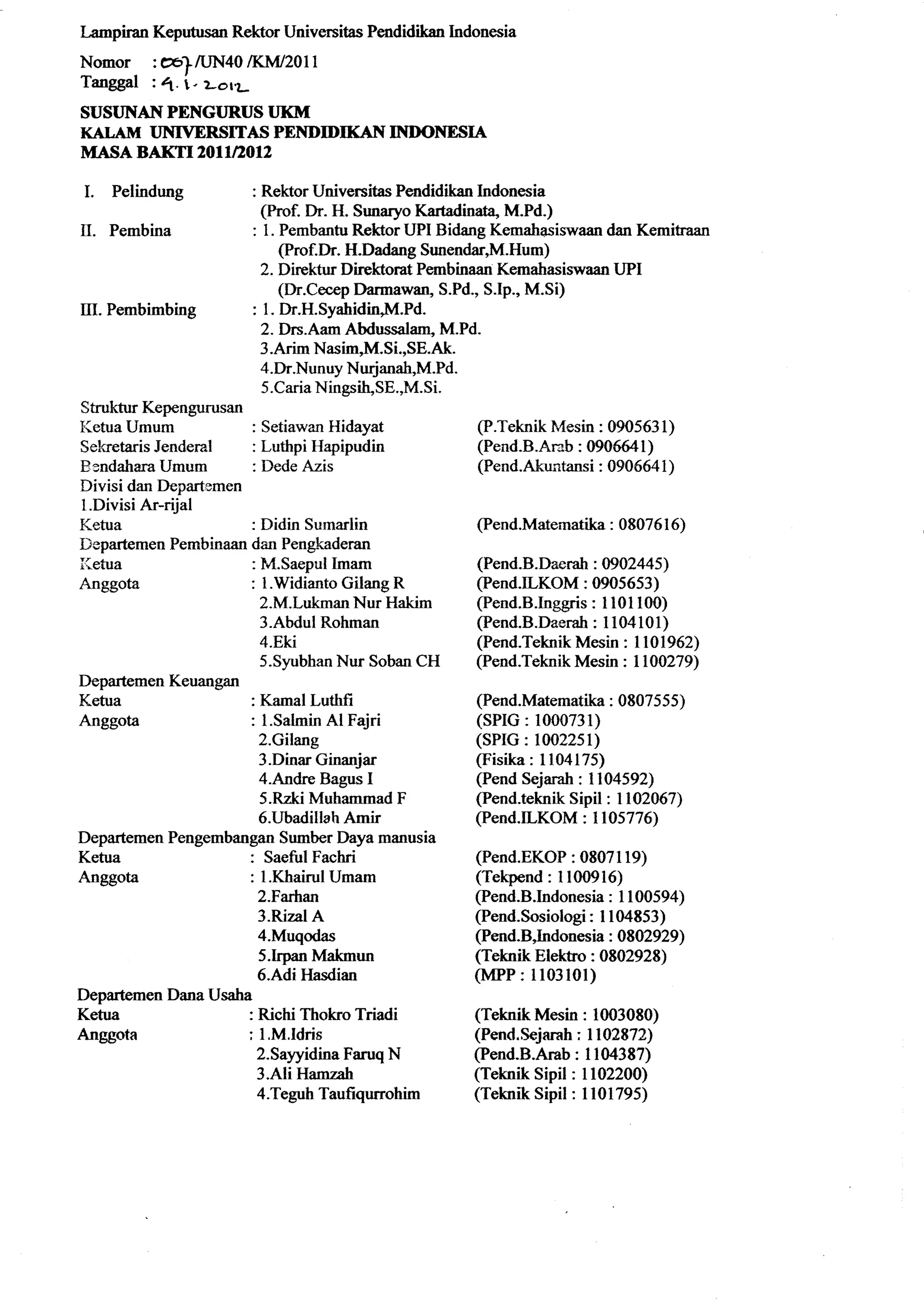 Sk rektor kepengurusan kalam upi 2011 2012 | PDF