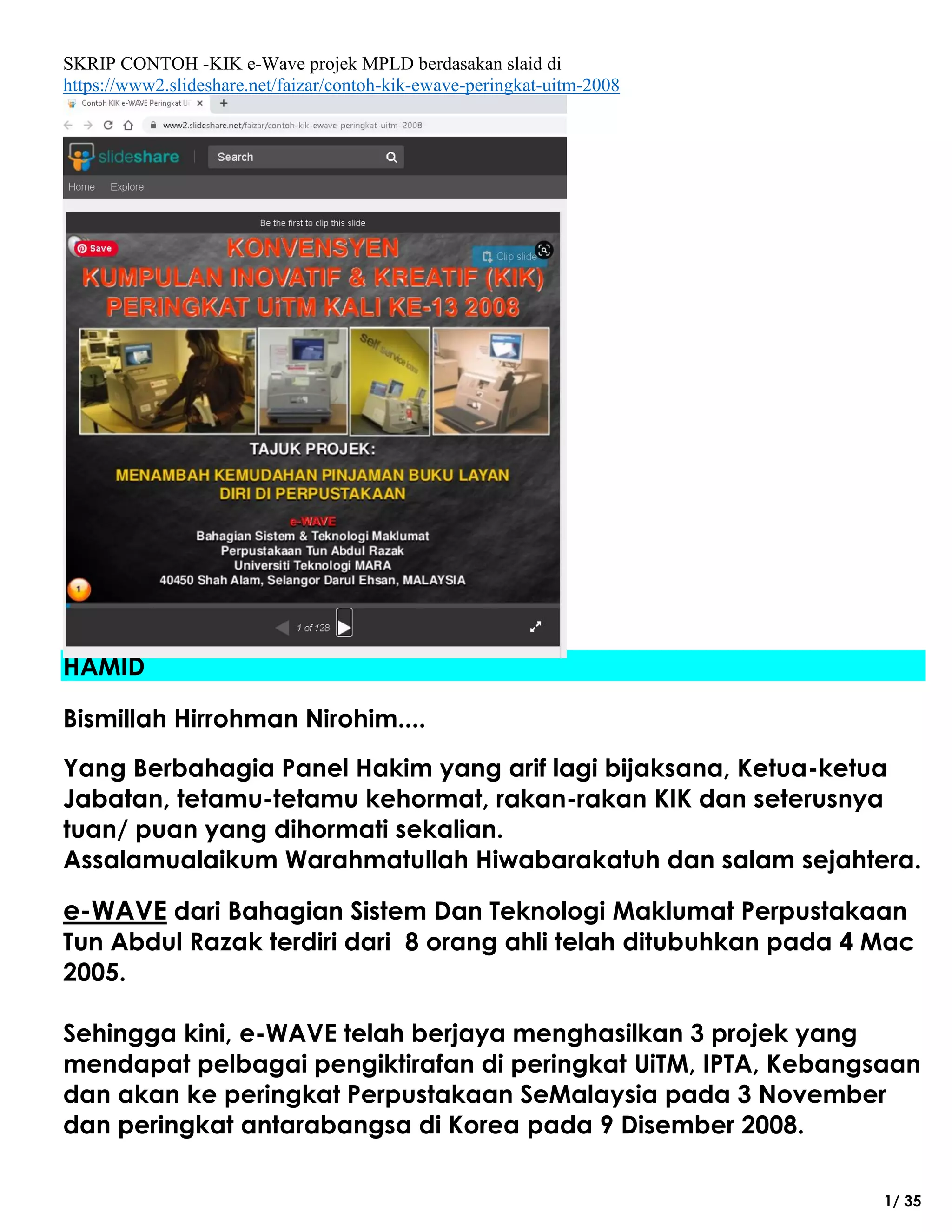 Skrip contoh kik e-wave projek mpld | PDF