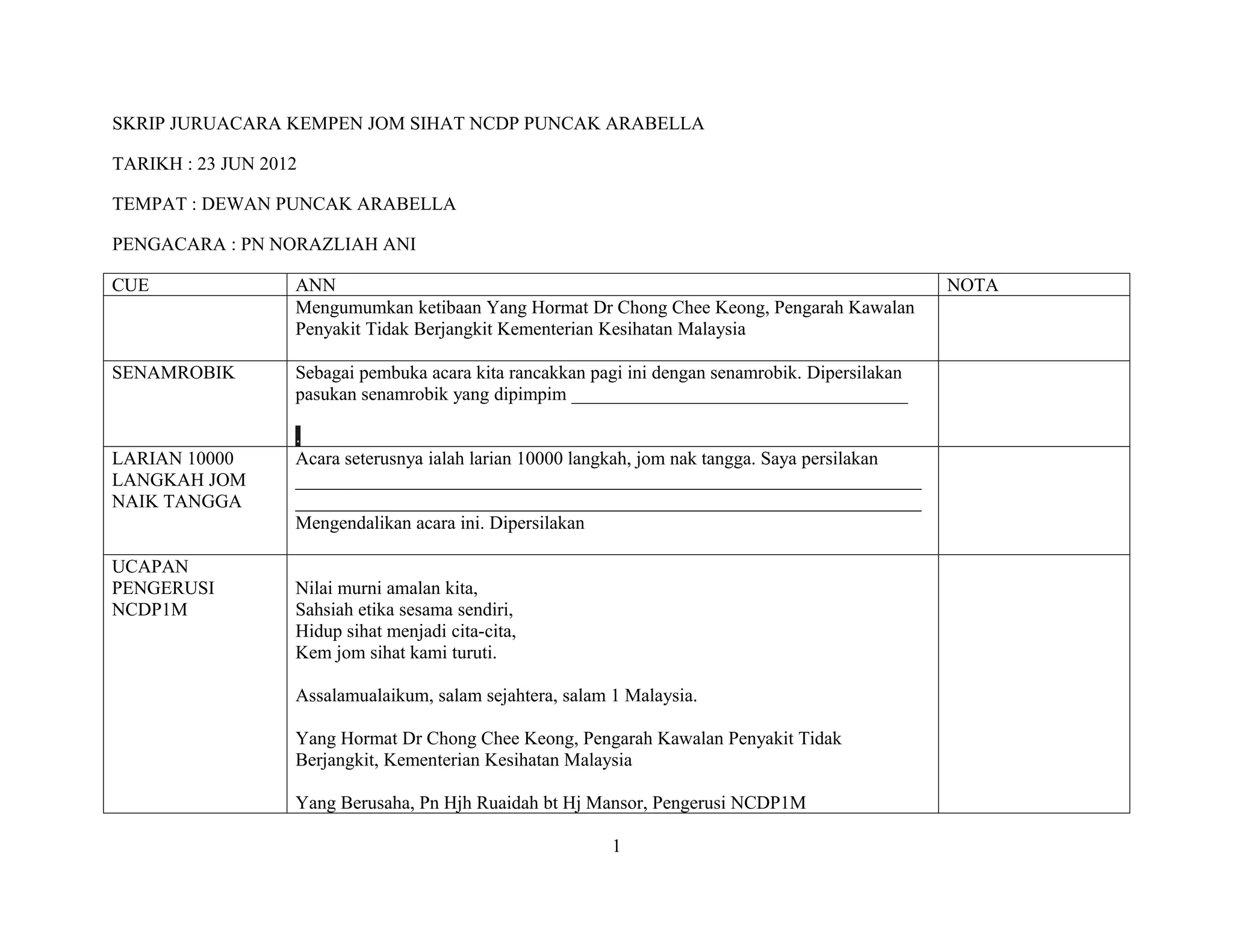 Skrip juruacara kempen jom sihat ncdp puncak arabella | DOC