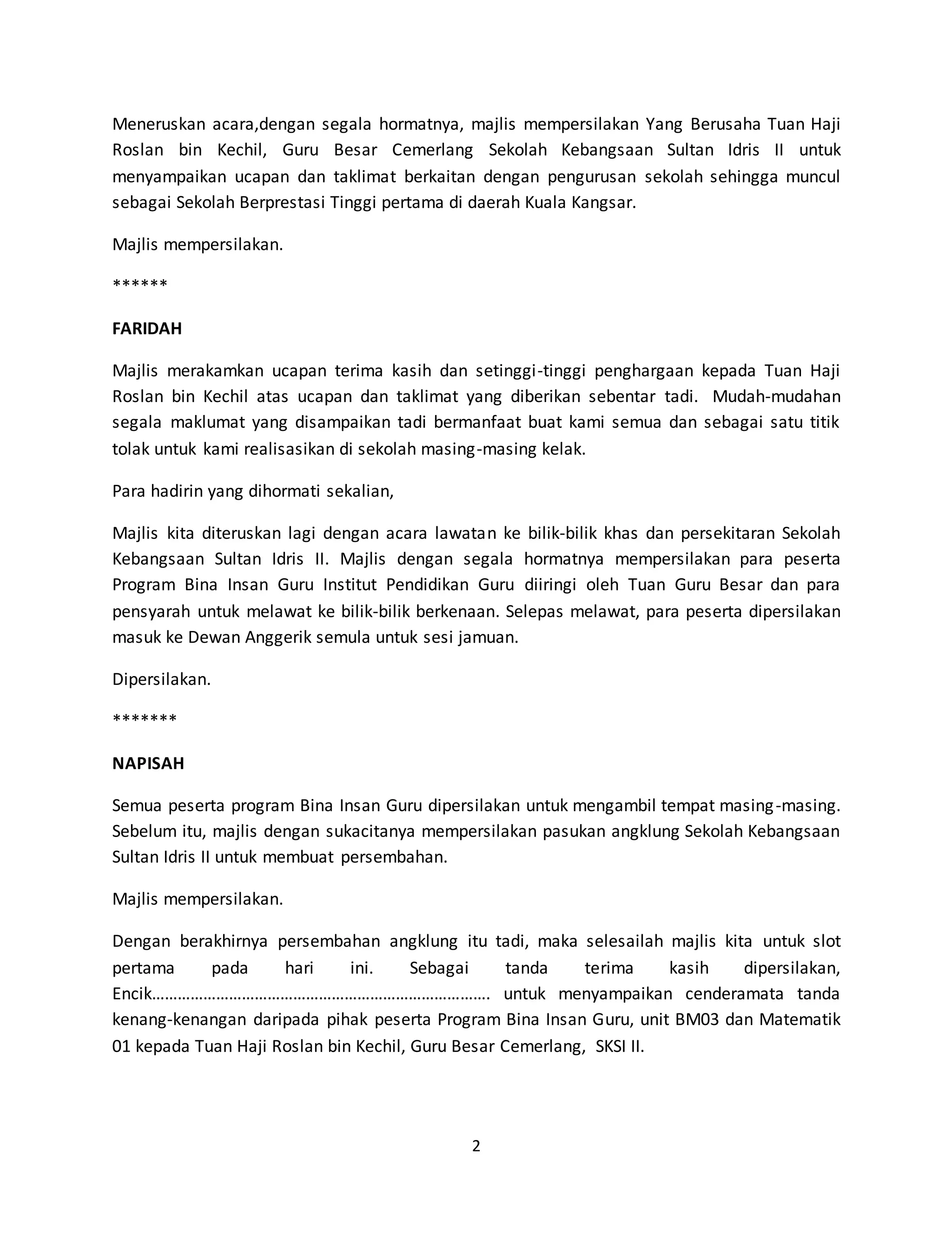 Skrip juruacara lawatan penanda aras ke sksi ii | DOCX