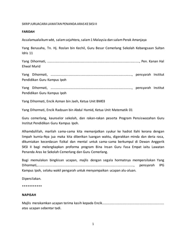 Skrip juruacara lawatan penanda aras ke sksi ii | DOCX