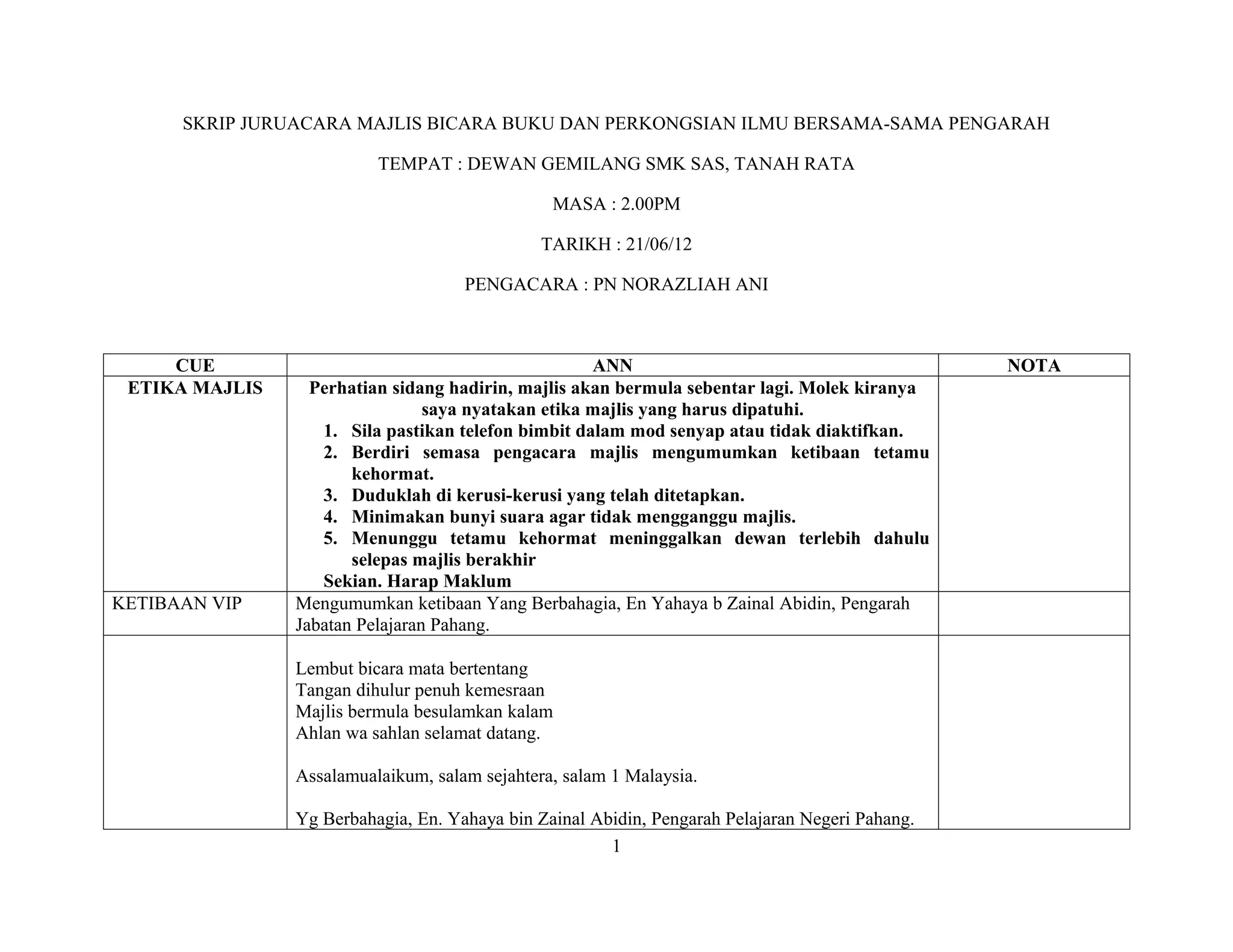 Skrip juruacara majlis bicara buku dan perkongsian ilmu bersama | DOC