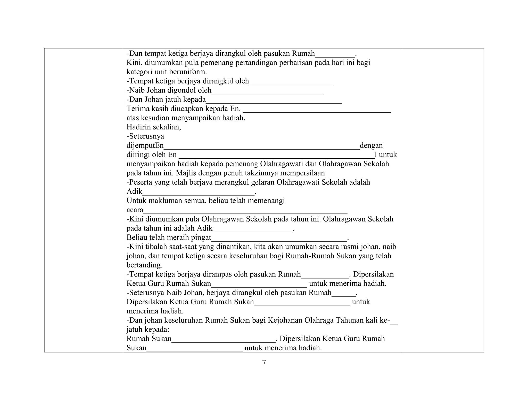 Skrip juruacara majlis kejohanan sukan tahunan kali ke | DOC