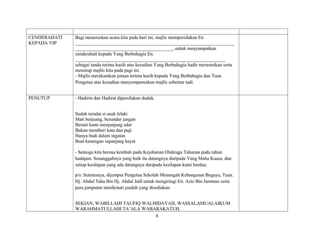 Skrip juruacara majlis kejohanan sukan tahunan kali ke | DOC