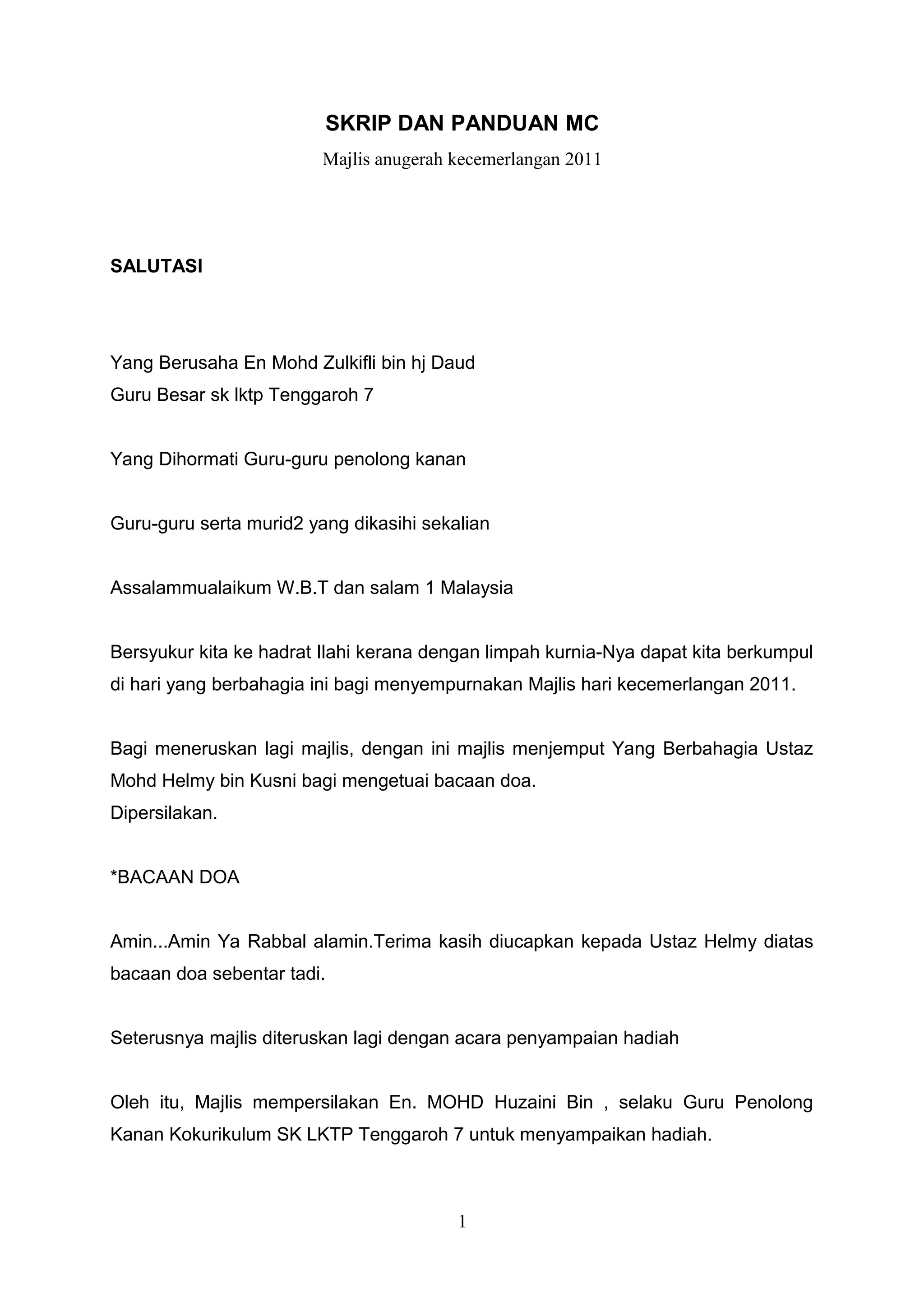 Skrip mc majlis hari kecemerlangan | PDF