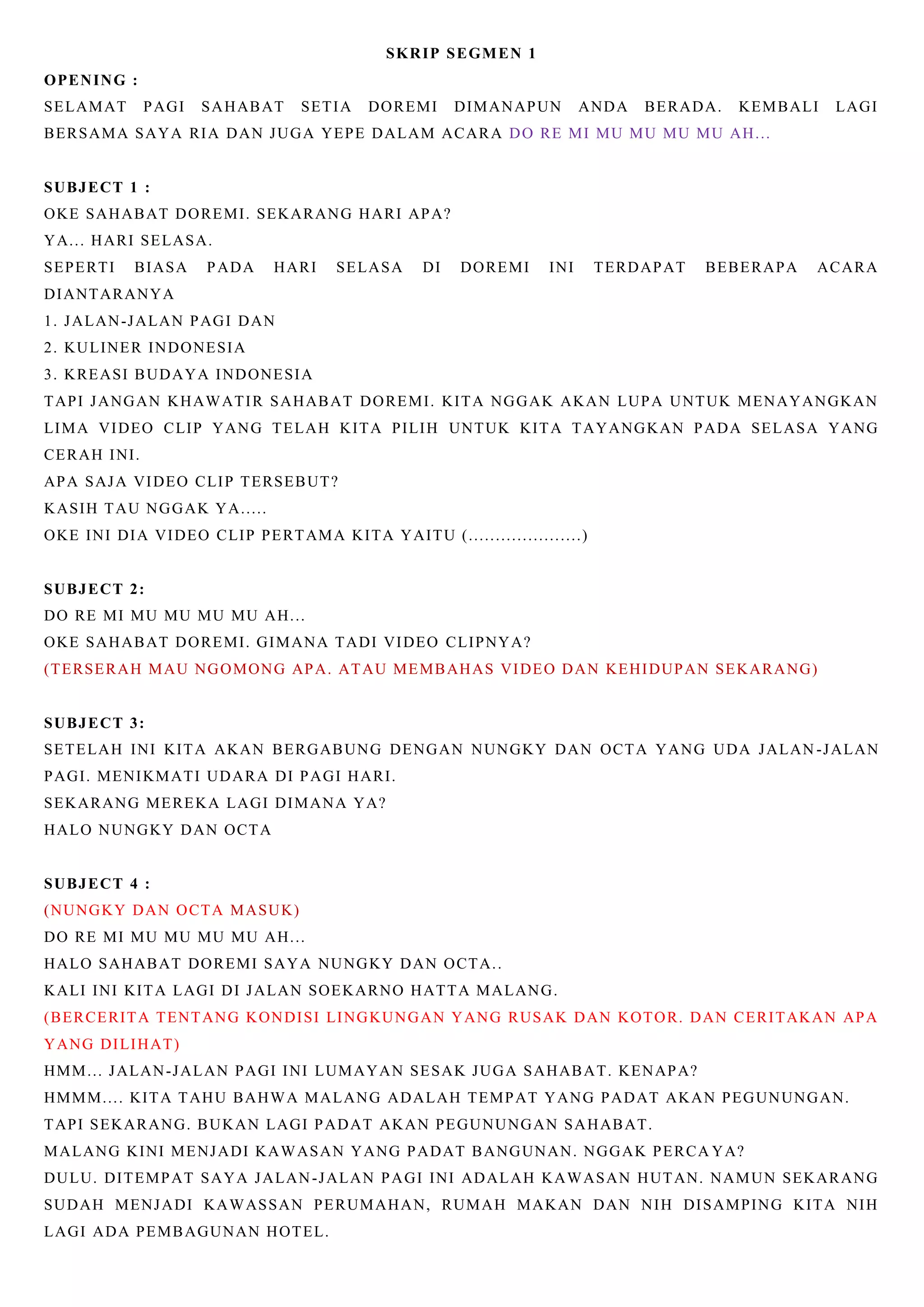 Skrip tiap segmen untuk acara DOREMI | PDF