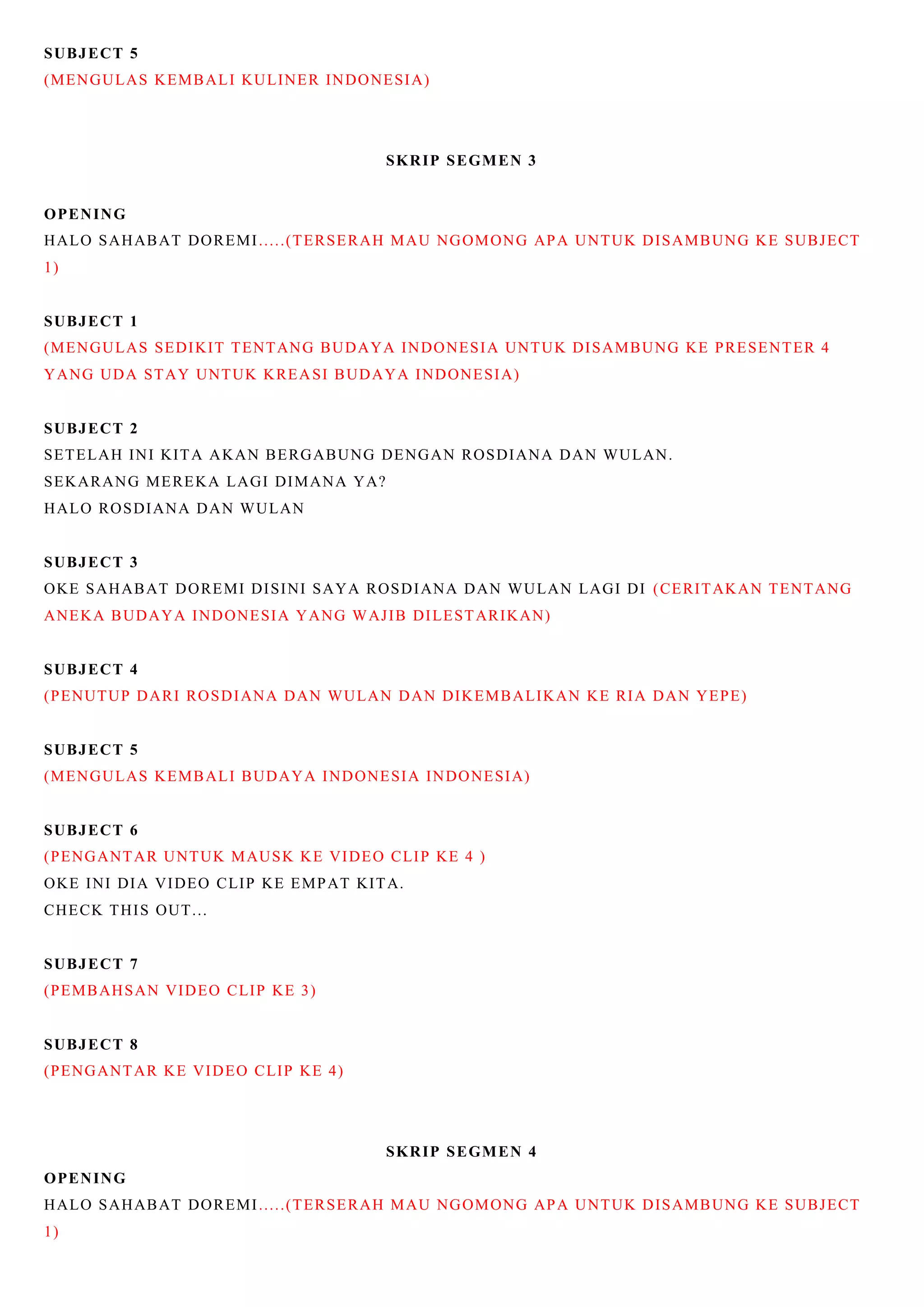 Skrip tiap segmen untuk acara DOREMI | PDF