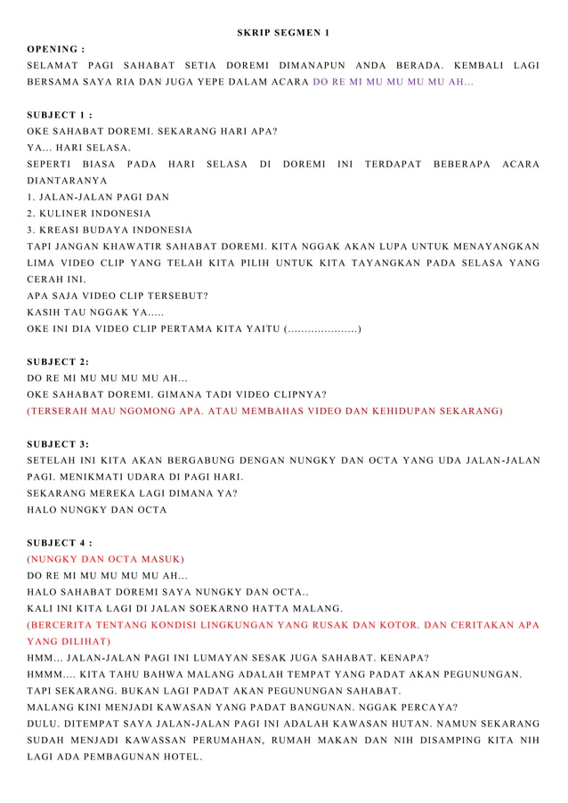 Skrip tiap segmen untuk acara DOREMI | PDF