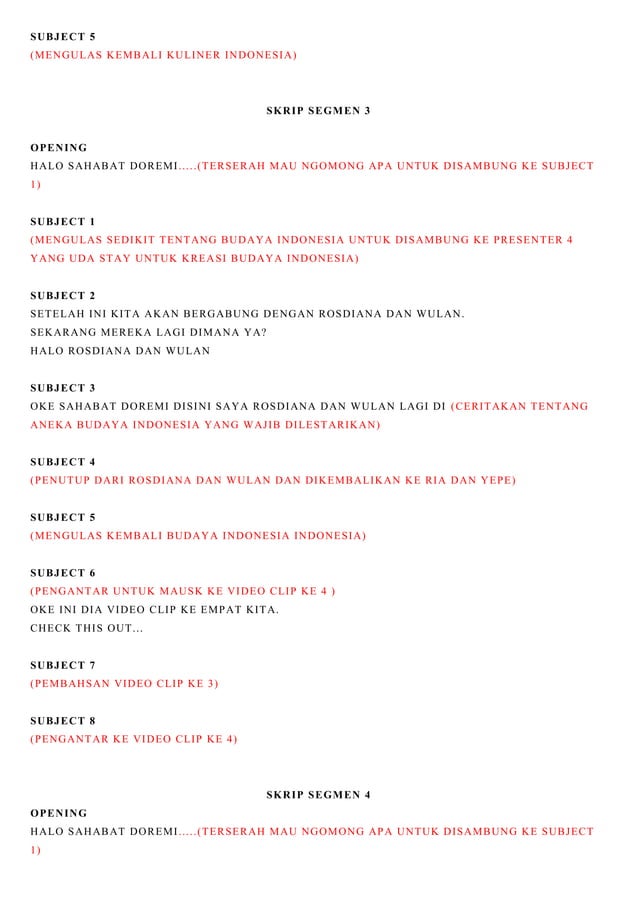 Skrip tiap segmen untuk acara DOREMI | PDF