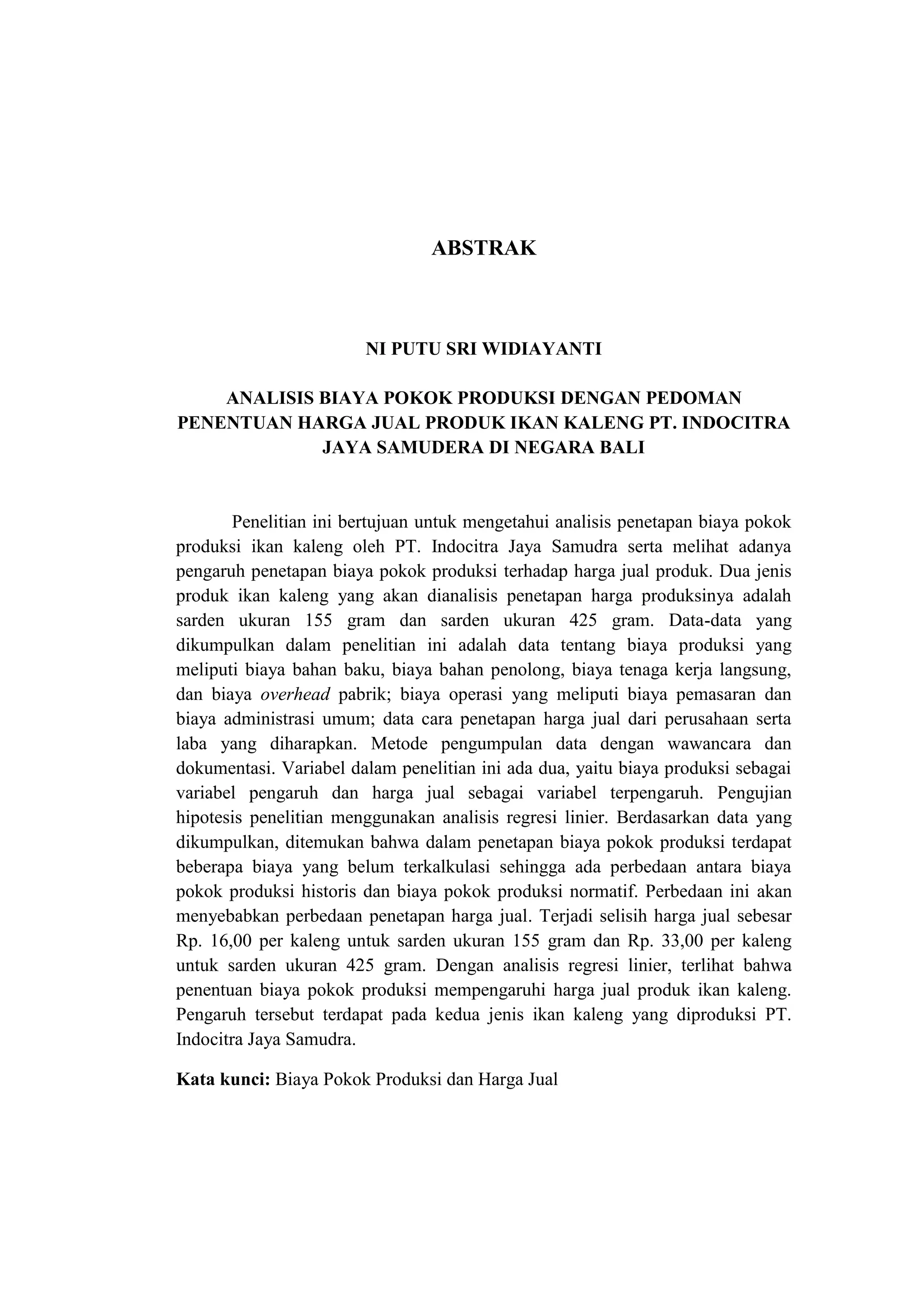 analisis biaya pokok produksi dengan pedoman penentuan harga jual ...