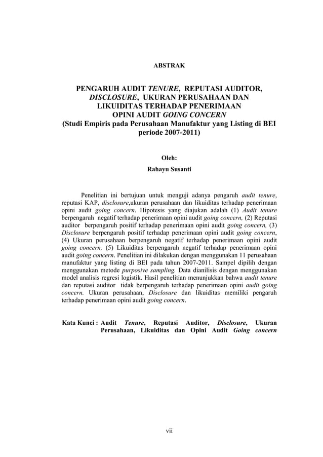 PENGARUH AUDIT TENURE, REPUTASI AUDITOR, DISCLOSURE, UKURAN PERUSAHAAN DAN LIKUIDITAS TERHADAP ...