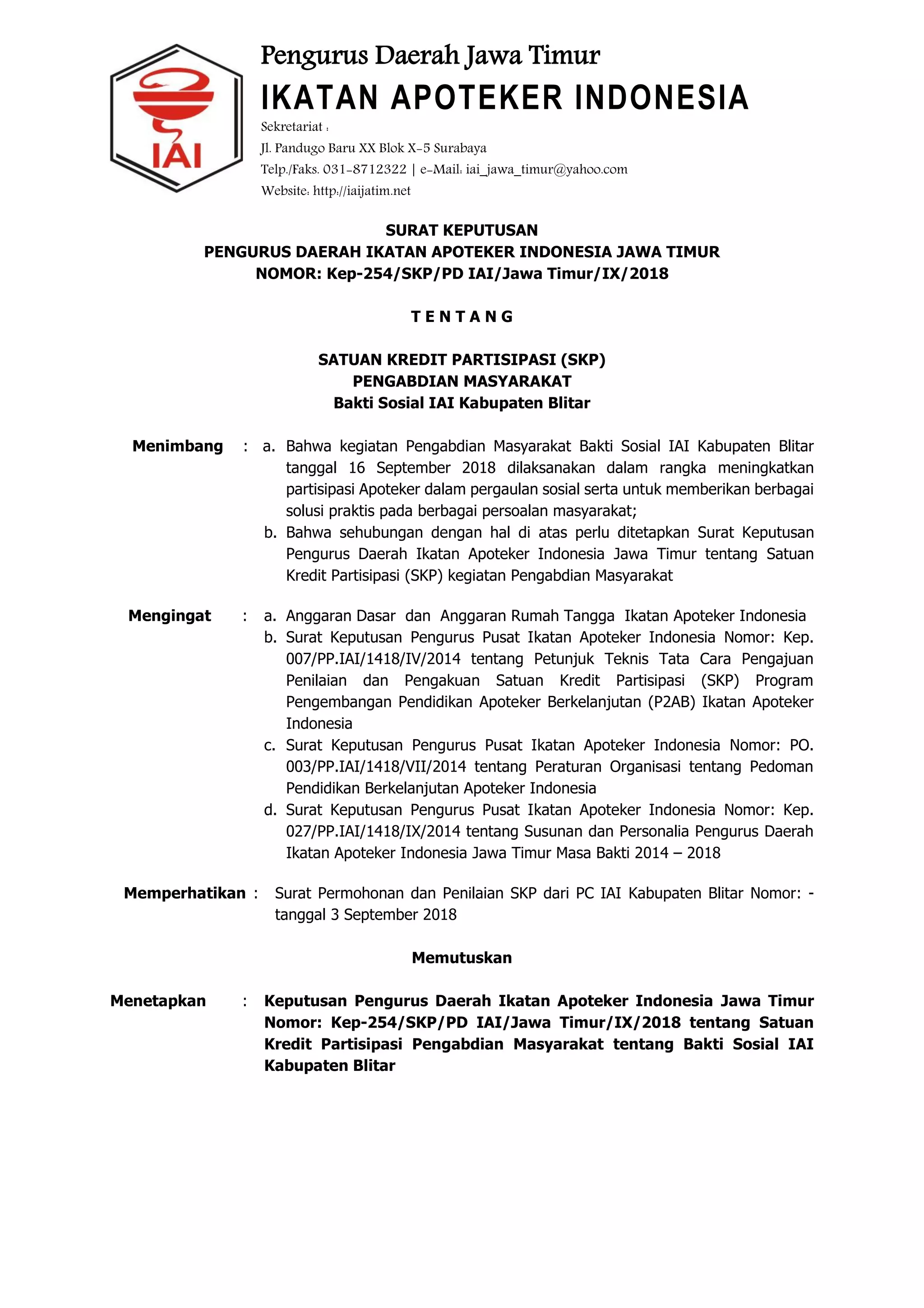 Sk skp 254 2018 bakti sosial iai kabupaten blitar - blitar kab | PDF