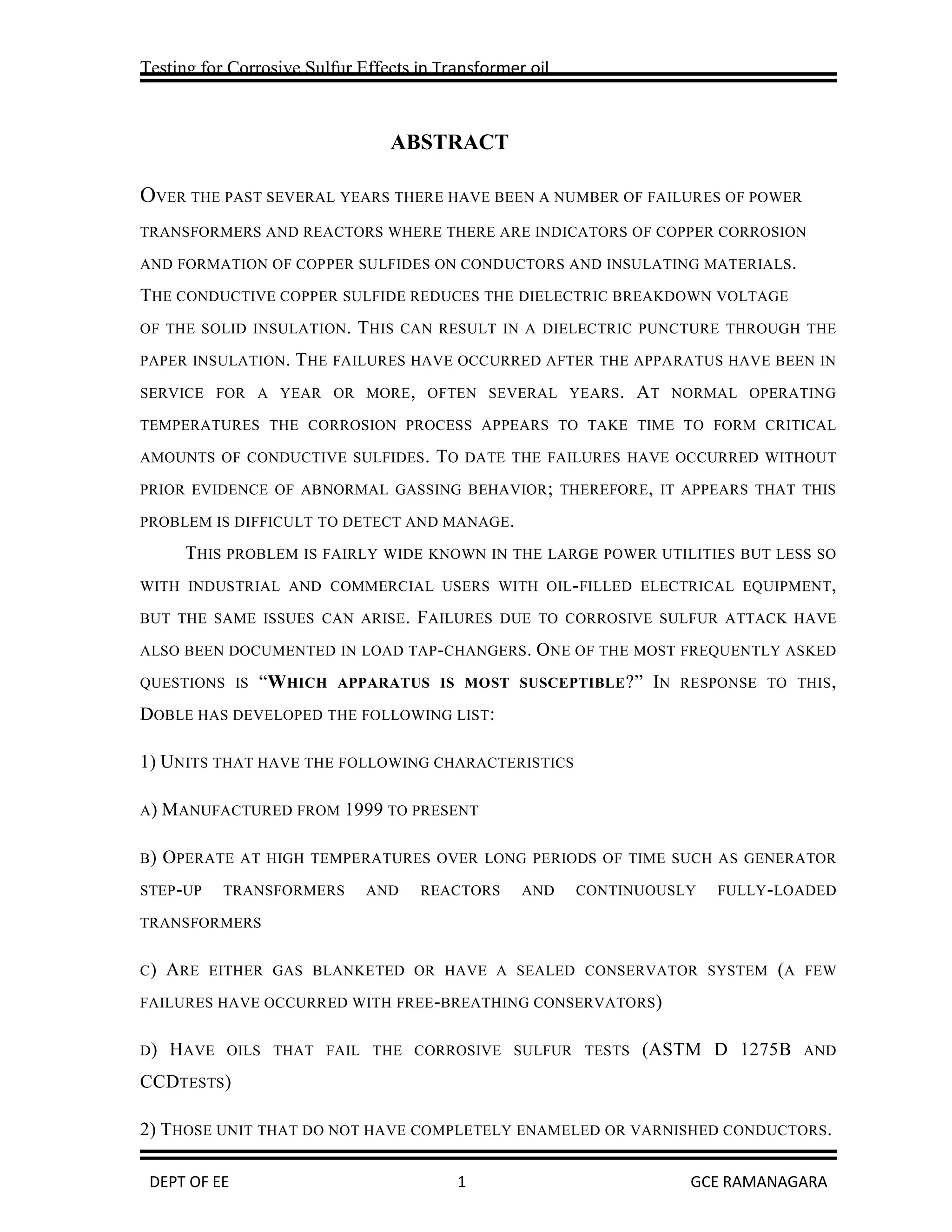 testing for corrosive sulfur effect in transformer oil report BY ...