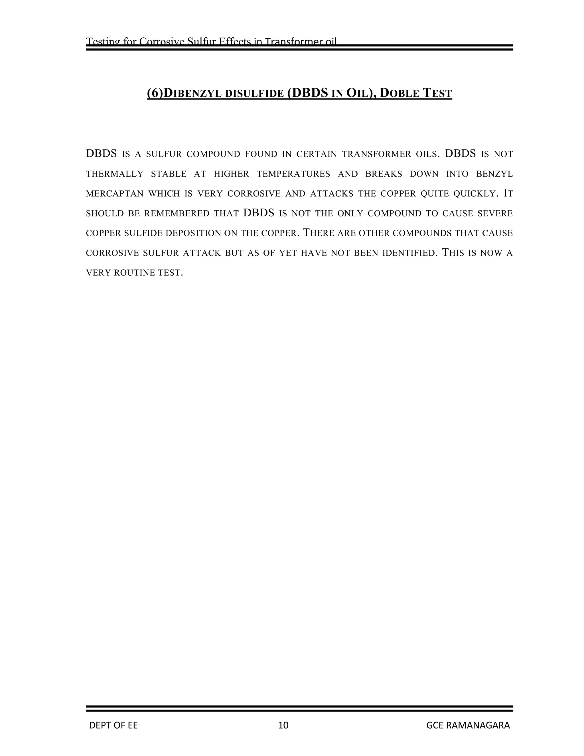 testing for corrosive sulfur effect in transformer oil report BY ...