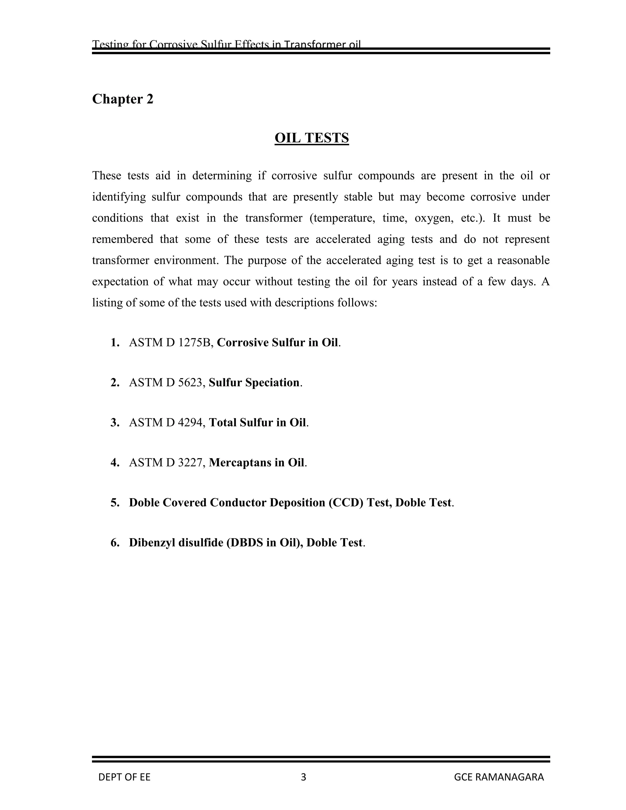 testing for corrosive sulfur effect in transformer oil report BY ...