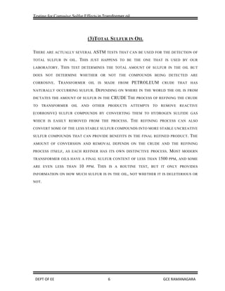 testing for corrosive sulfur effect in transformer oil report BY ...