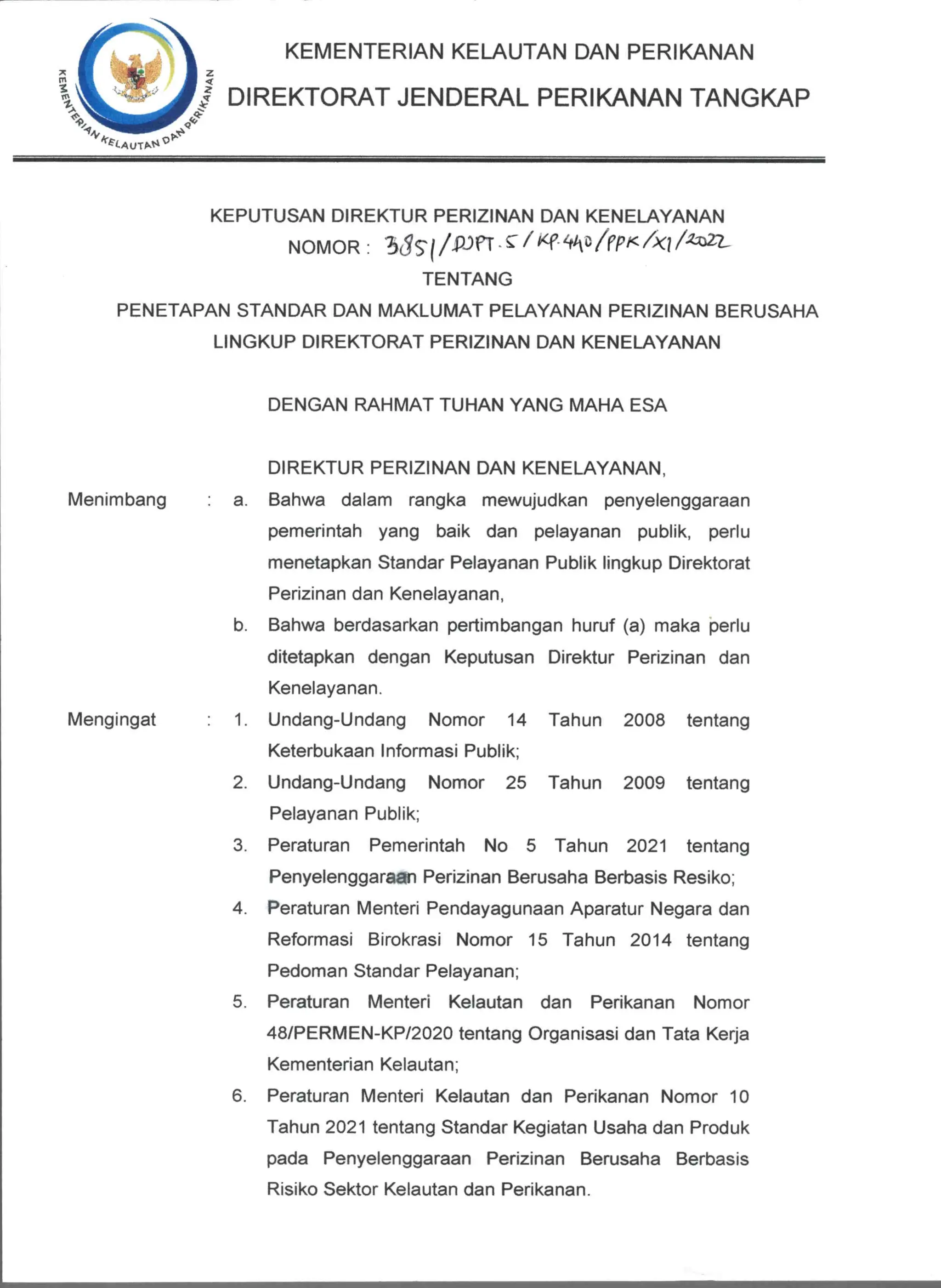 Surat Keputusan Tentang Standar Pelayanan PDK 2022.pdf