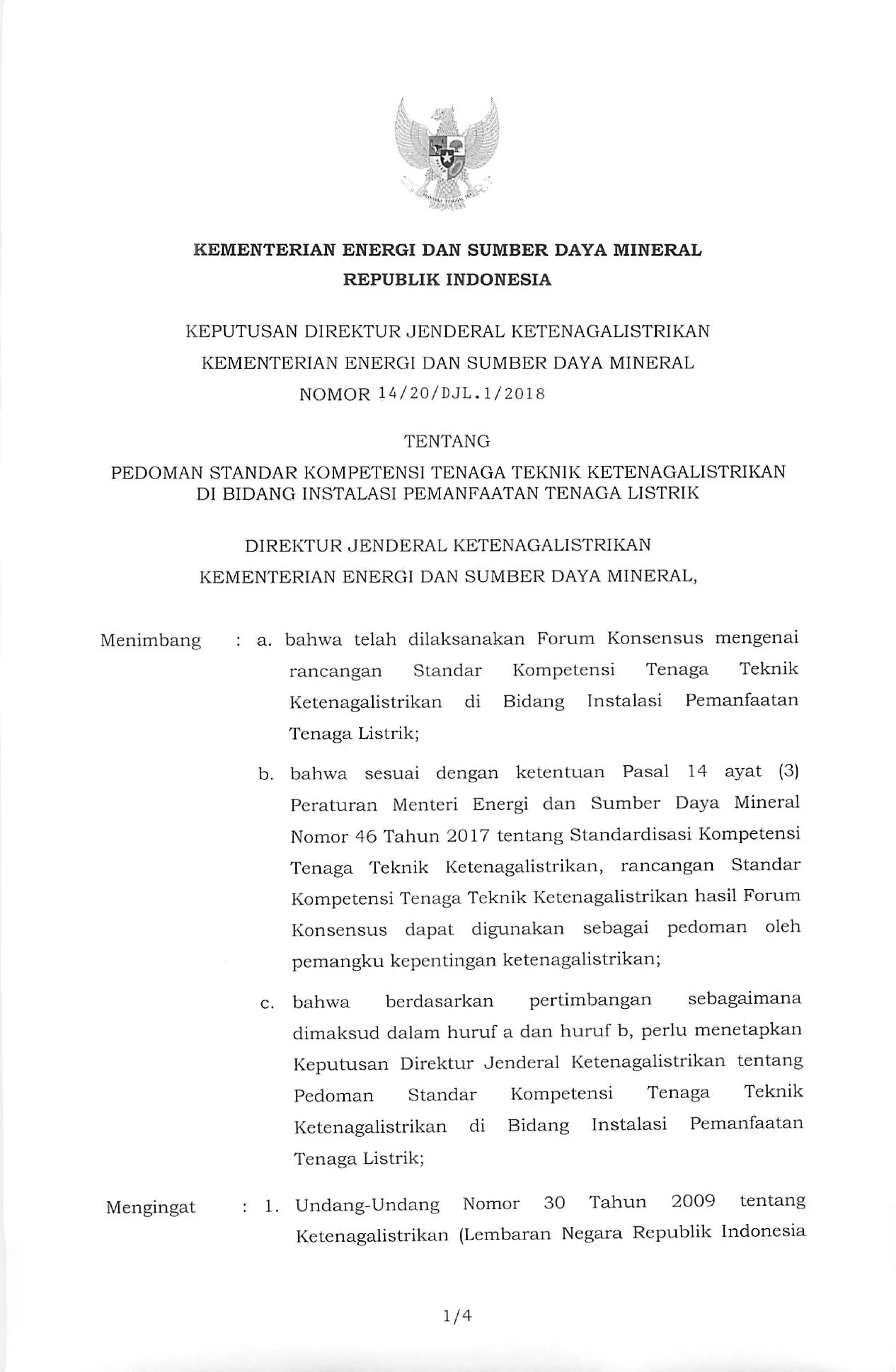 KEPUTUSAN DIRJEN KELISTRIKAN 14/20/DJL.1/2018 | PDF