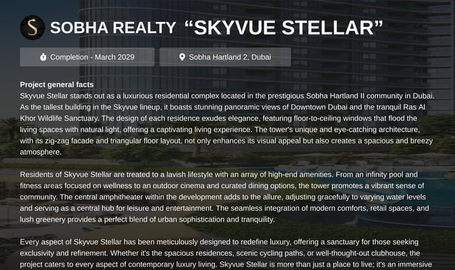 Skyvue Stellar at Sobha Hartland 2, Dubai – Sobha Group | PDF