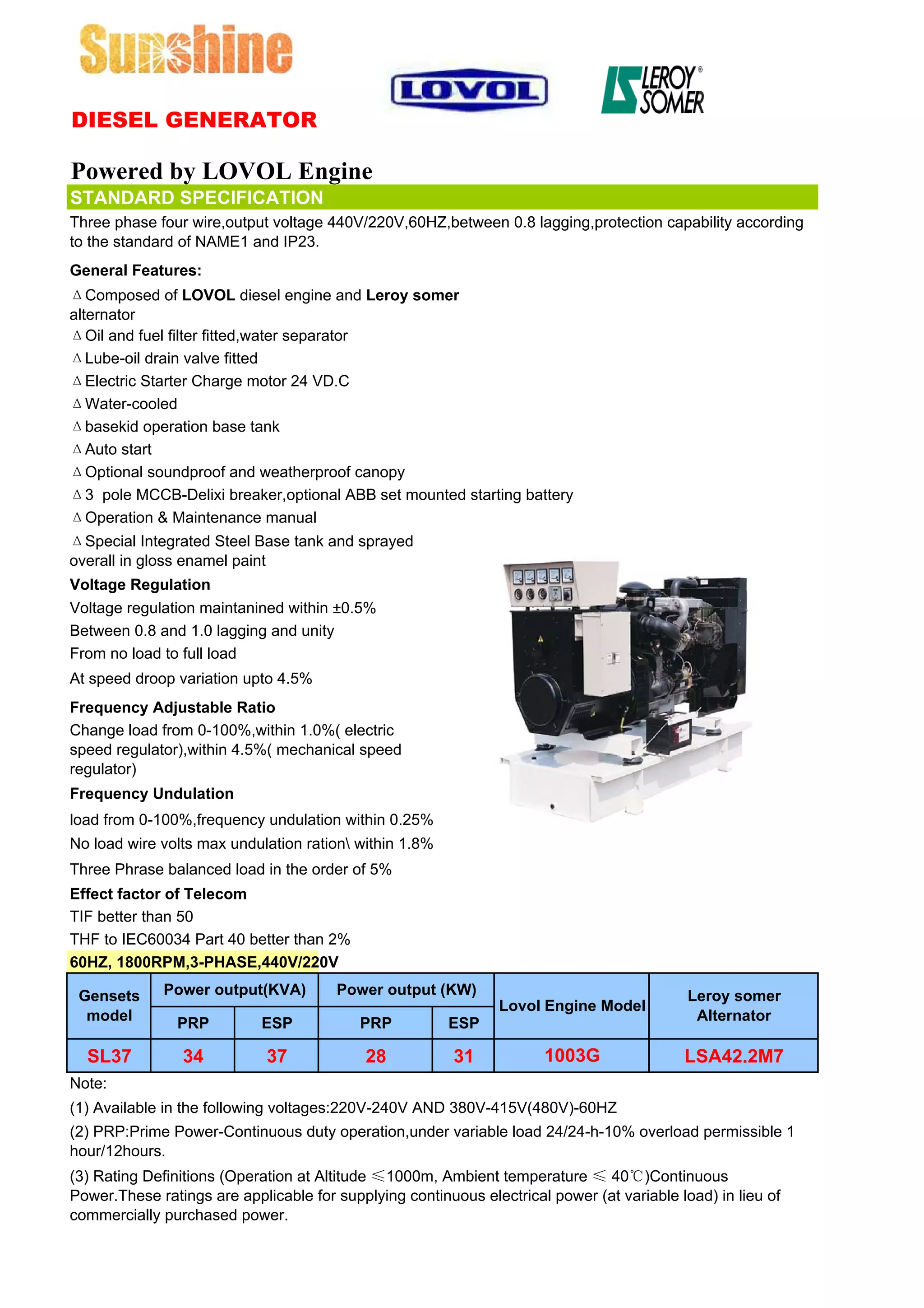 Sl37 lovol diesel generator sets data sheet | PDF | Commercial Trucks ...