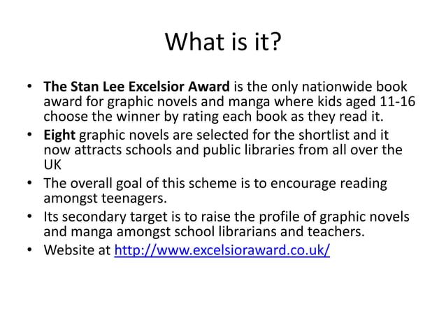 Stan Lee Excelsior Award (Dr Mel Gibson, SLA Weekend Course 2013) | PPT