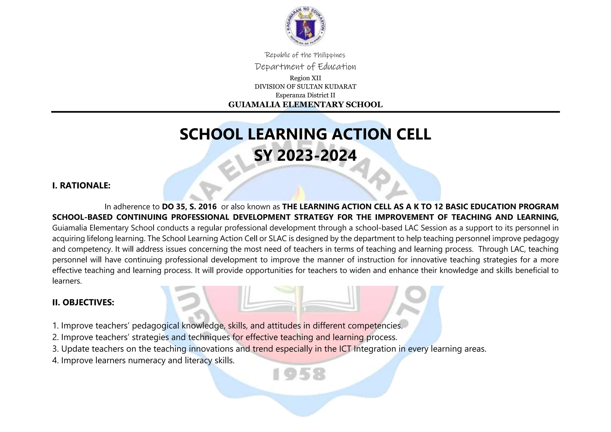 Guiamalia Es School Learning Action Plan for 2023-2024 | DOCX