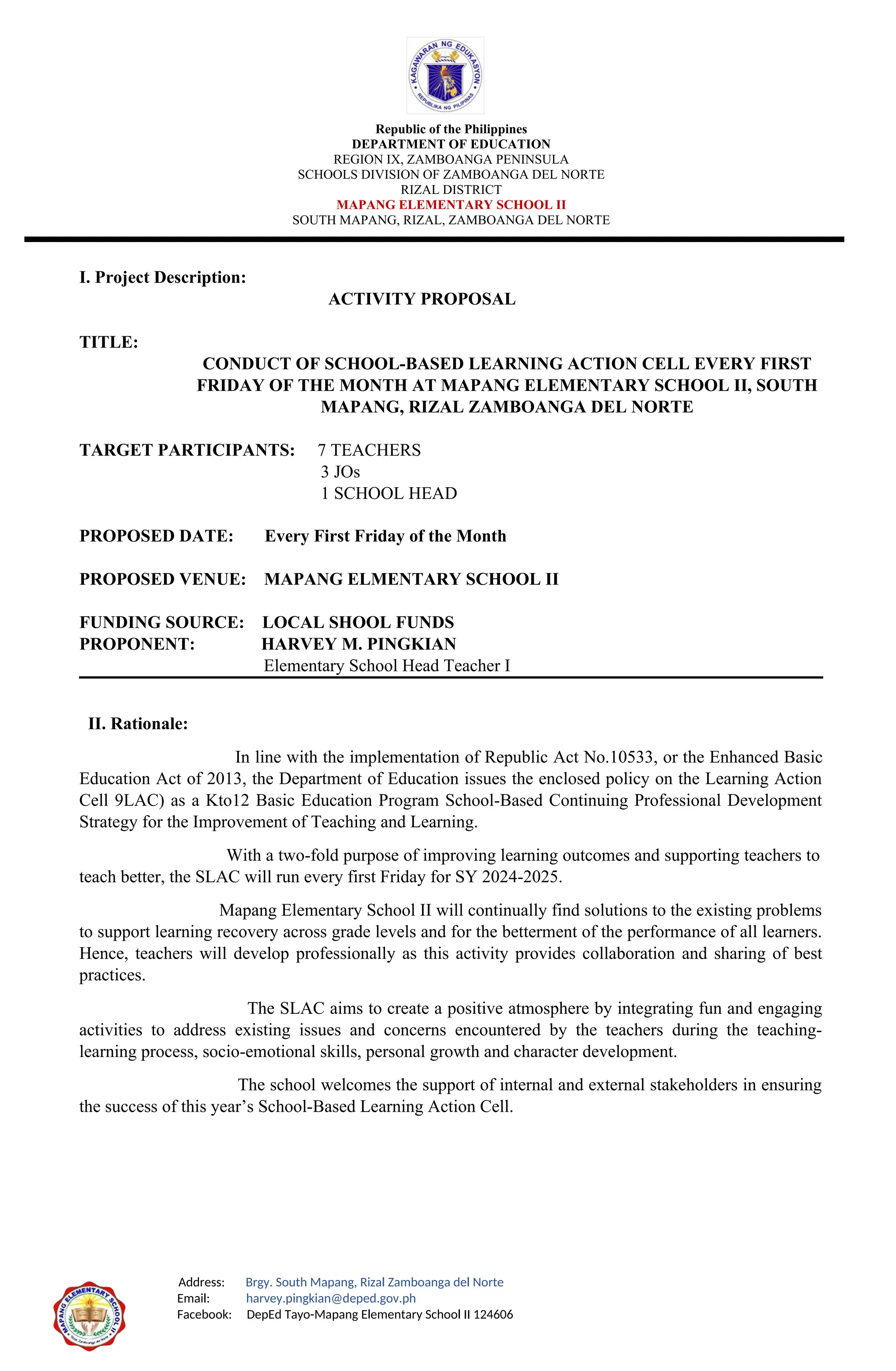 School-Based Learning Action Cell Proposal | DOCX