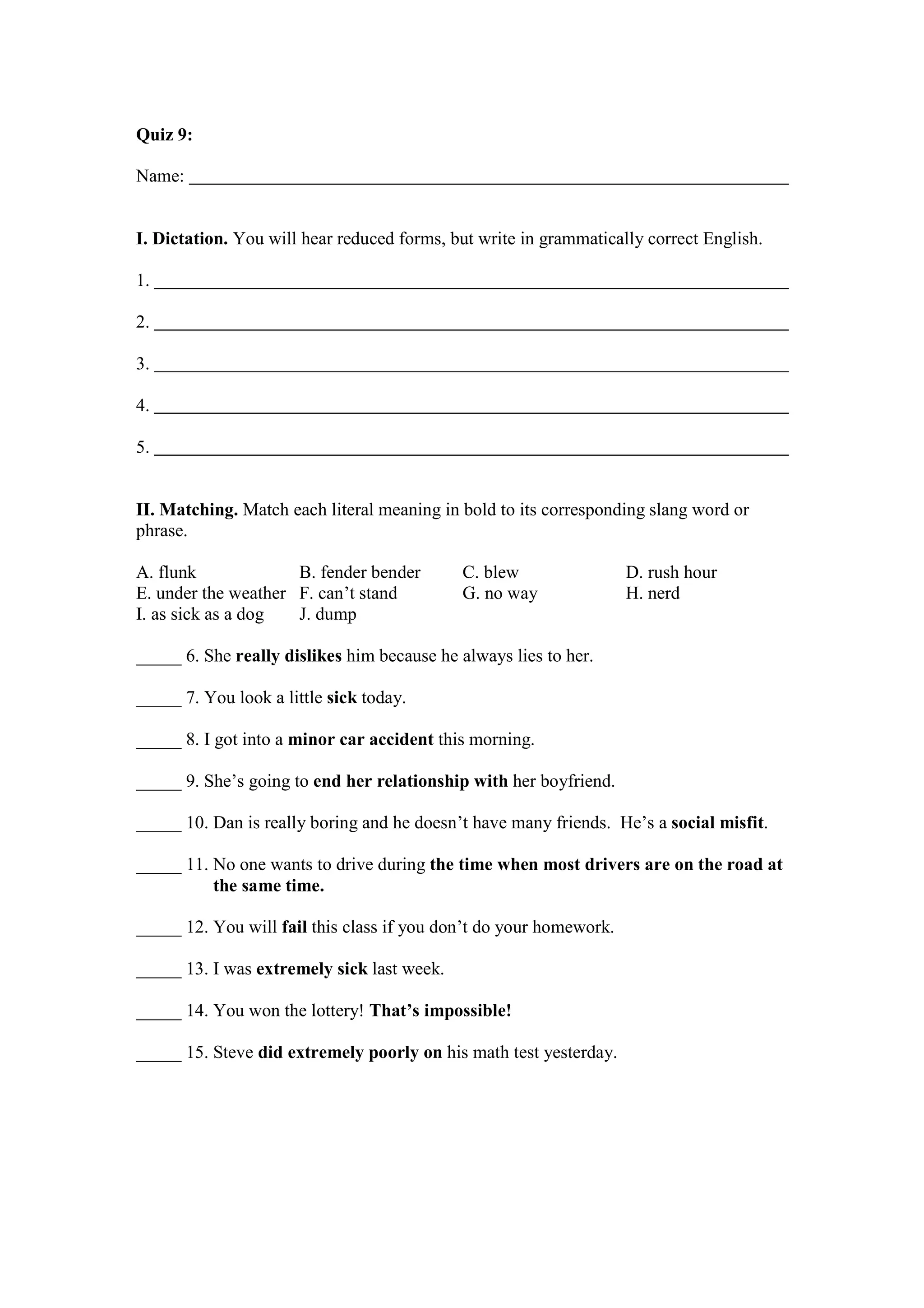 Slang worksheets quizzes | PDF