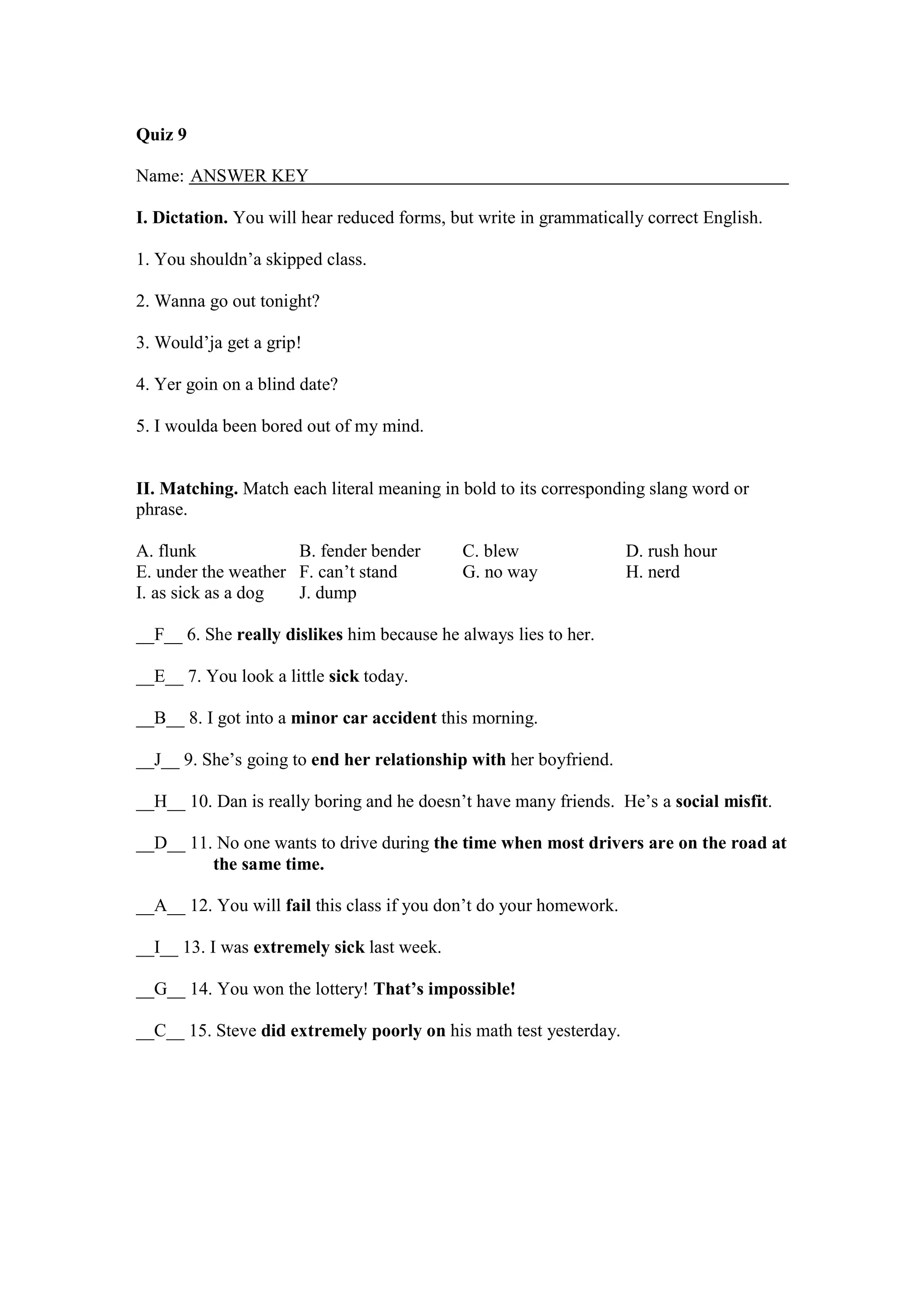 Slang worksheets quizzes | PDF