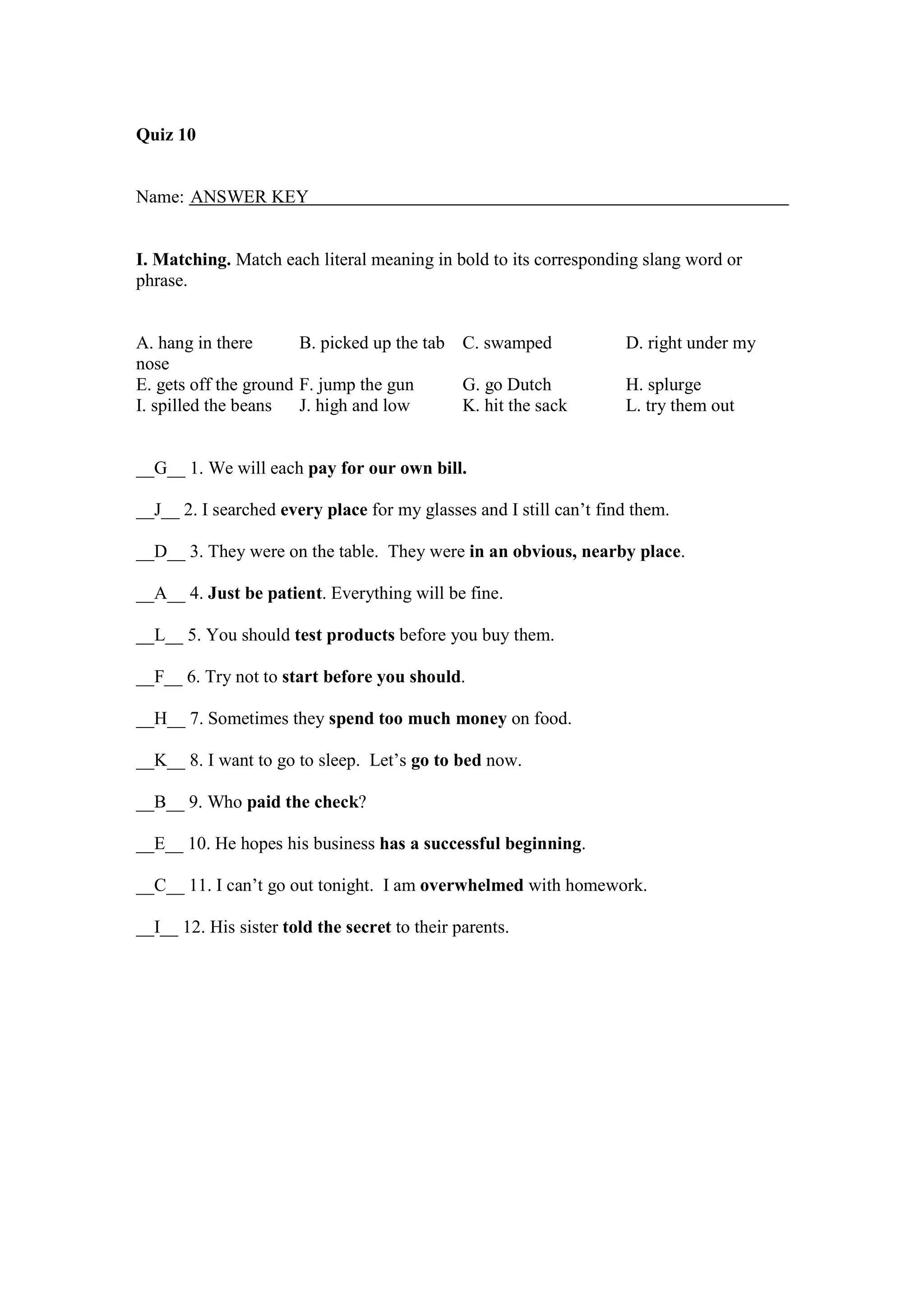 Slang worksheets quizzes | PDF