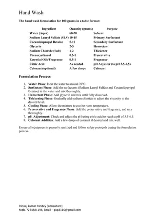 SLES hand wash formulation for 100 grams in a table format.docx
