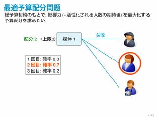 Optimal Budget Allocation: Efficient Algorithm and Theoretical Guarantee （ERATO成果報告会版） | PPT