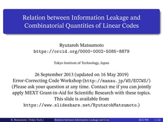 Relation between Information Leakage and Combinatorial Quantities of Linear Codes | PDF ...