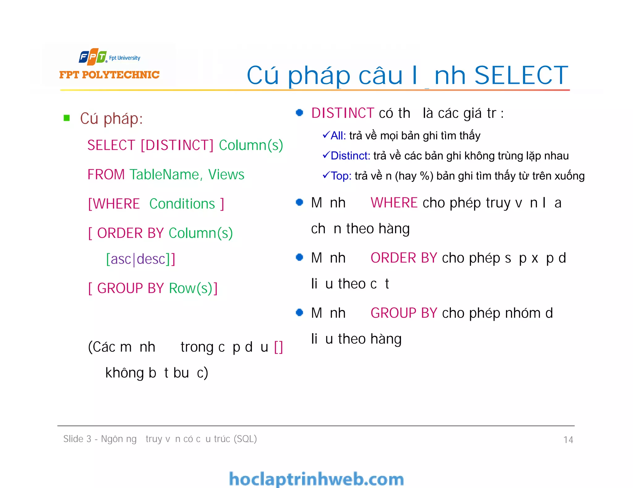 Bài 3: Ngôn ngữ truy vân có cấu trúc (SQL) - Giáo trình FPT | PDF