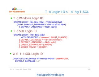 Bài 6: Bảo mật trong SQL SERVER 2008 - Giáo trình FPT | PDF