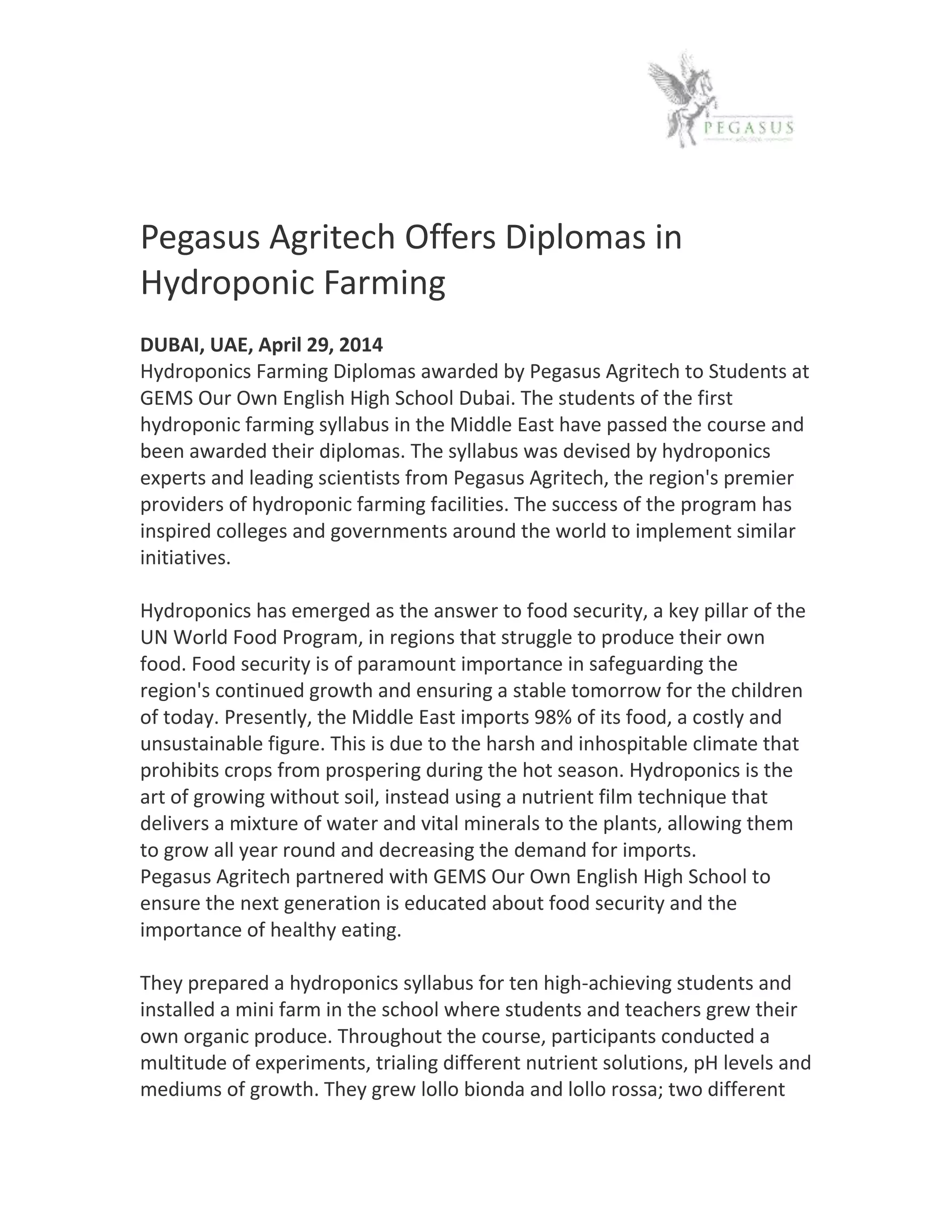 Own a Diploma in Hydroponic Farming from Pegasus Agritech | DOCX