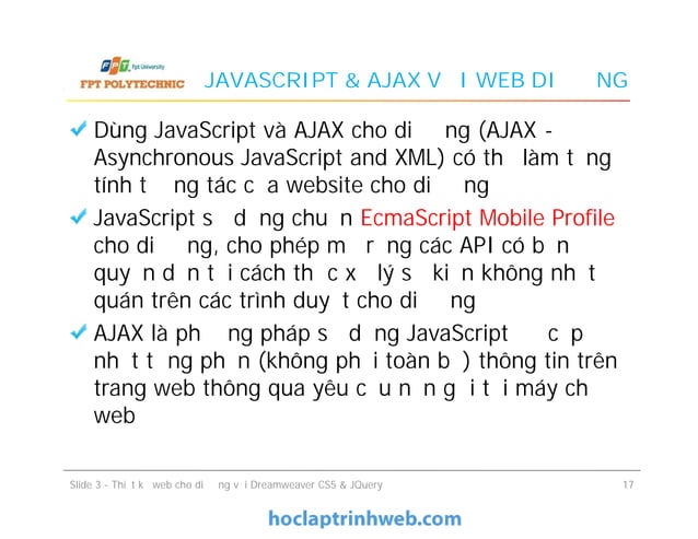 BÀI 3 Thiết kế web cho di động với dreamweaver CS5 & Jquery - Giáo trình FPT | PDF