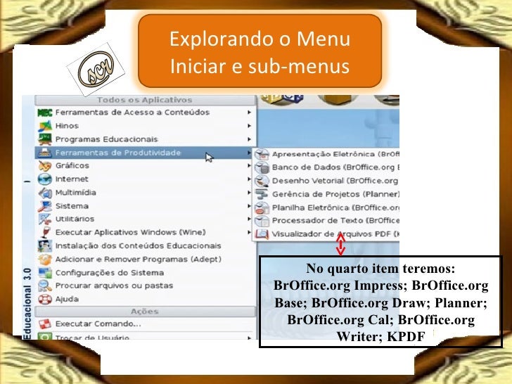 Slide do menu INICIAR do Linux Educacional 3.0 parte 2 sandra