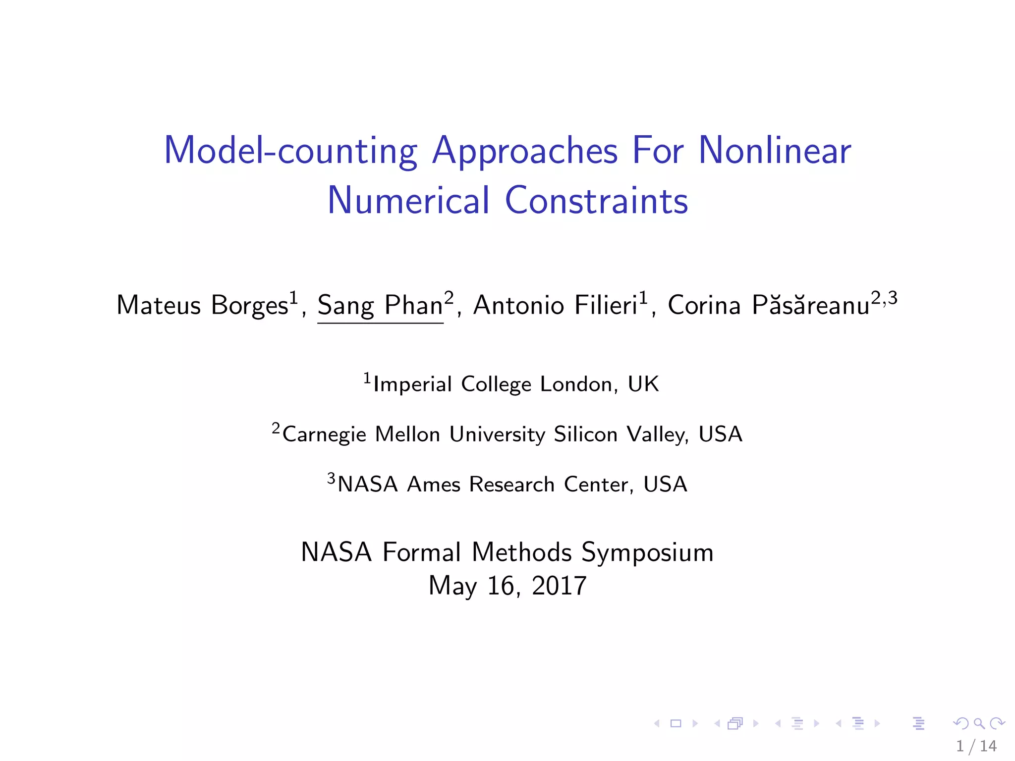 Model-counting Approaches For Nonlinear Numerical Constraints | PDF