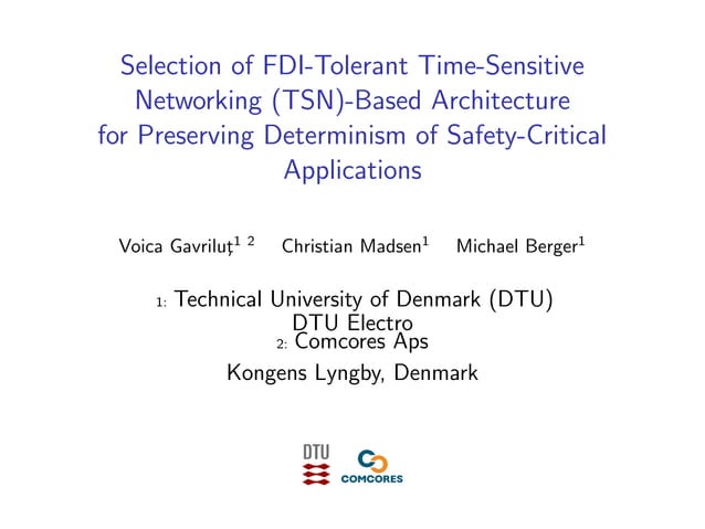 Selection Of Fdi Tolerant Time Sensitive Networking Tsn Based Architecture Ppt