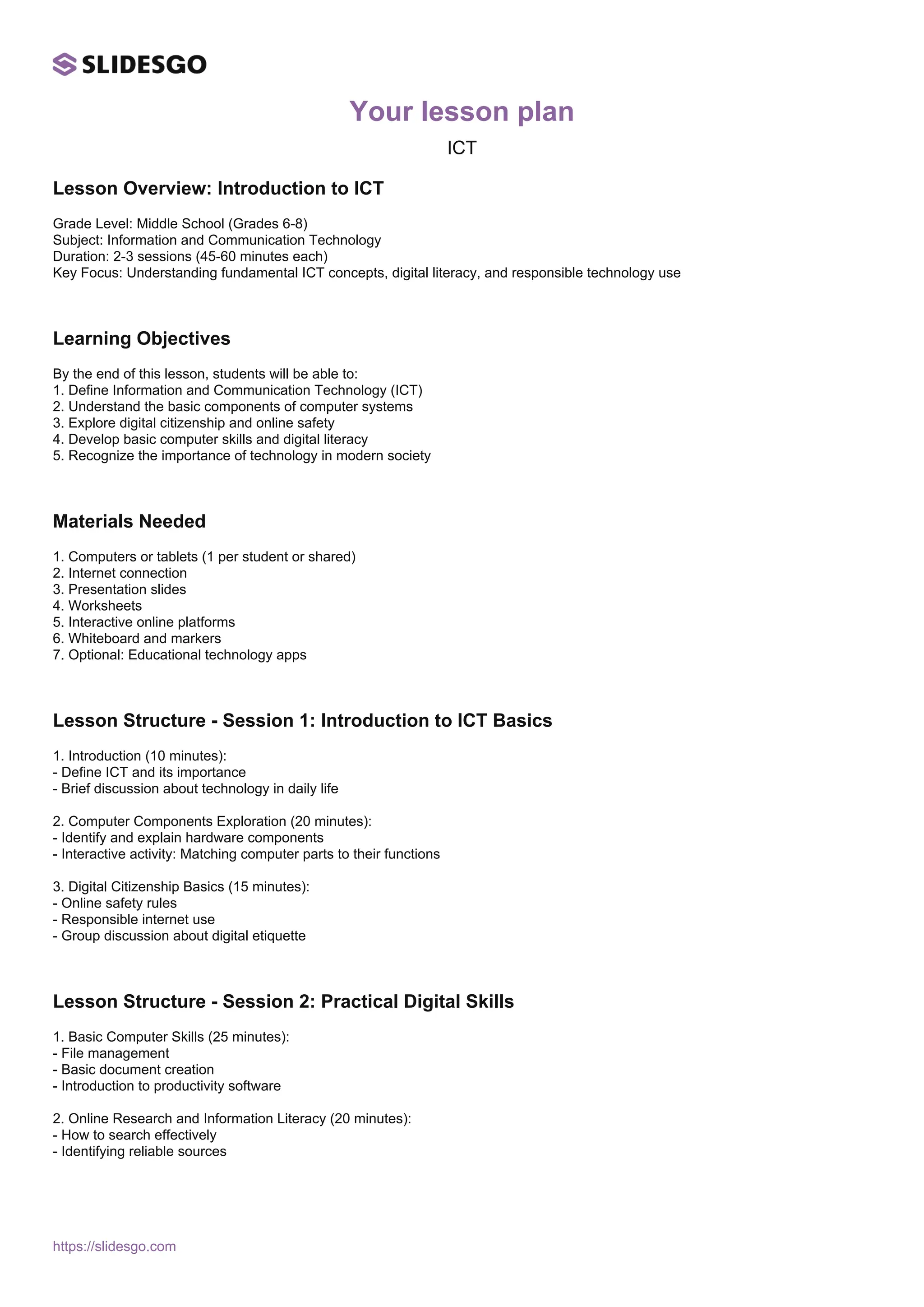 Lesson Plan for ICT grade 7 with activity | PDF