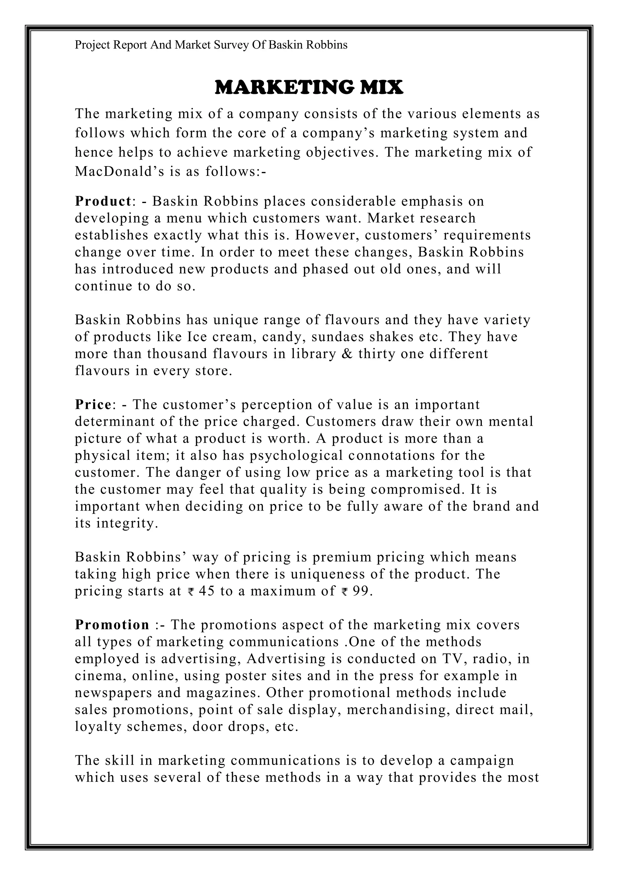 Project Report And Market Survey of Baskin Robbins- Cbse class 12 Entrepreneurship Project | DOCX