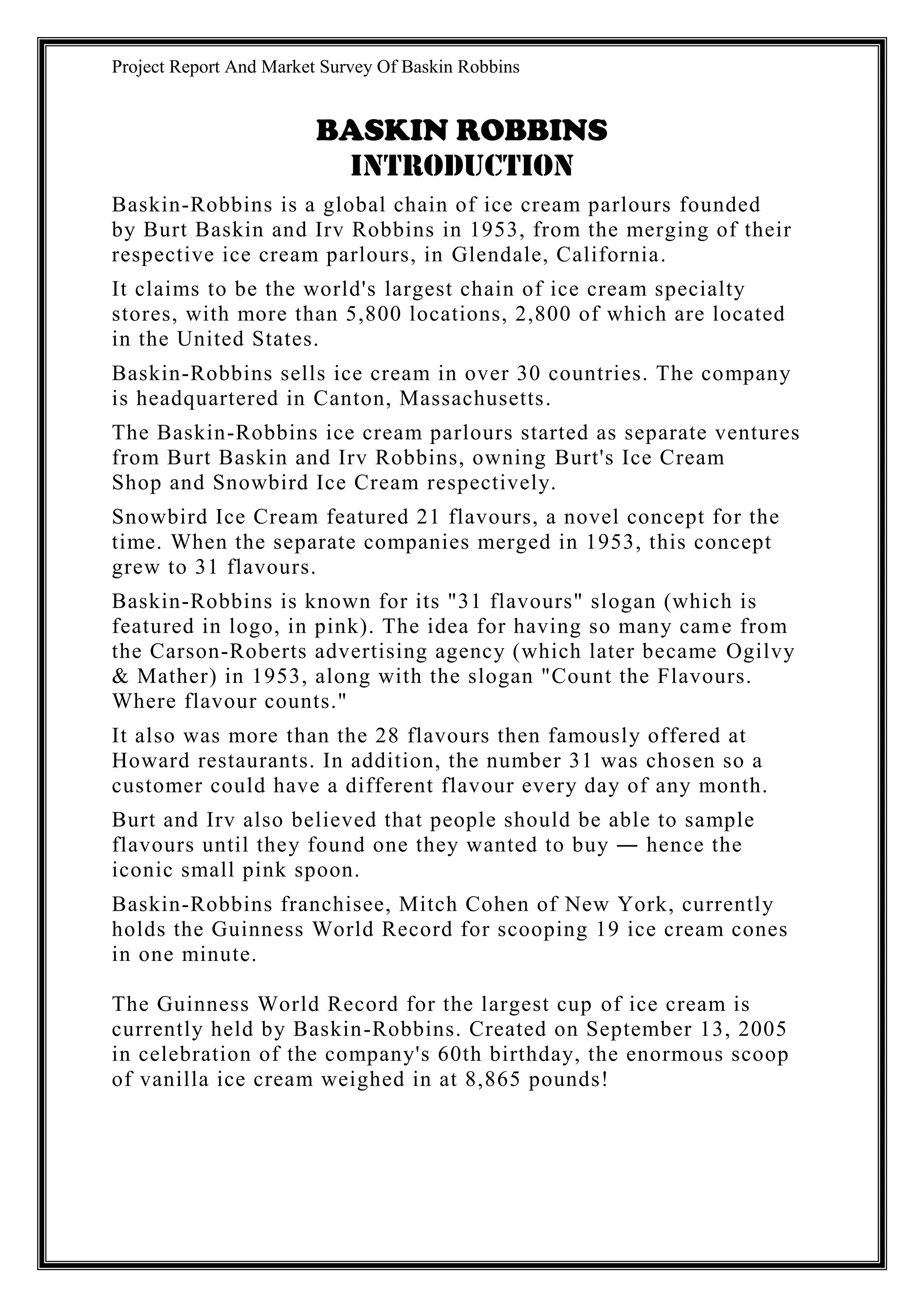 Project Report And Market Survey of Baskin Robbins- Cbse class 12 Entrepreneurship Project | DOCX