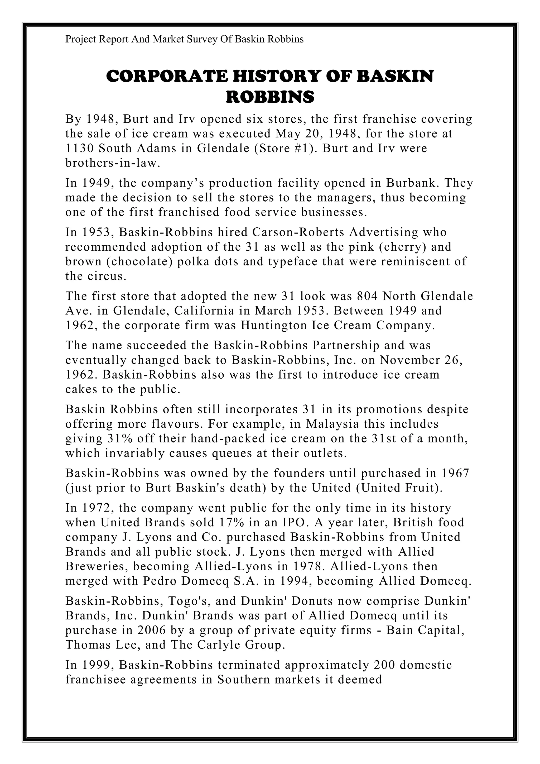 Project Report And Market Survey of Baskin Robbins- Cbse class 12 Entrepreneurship Project | DOCX