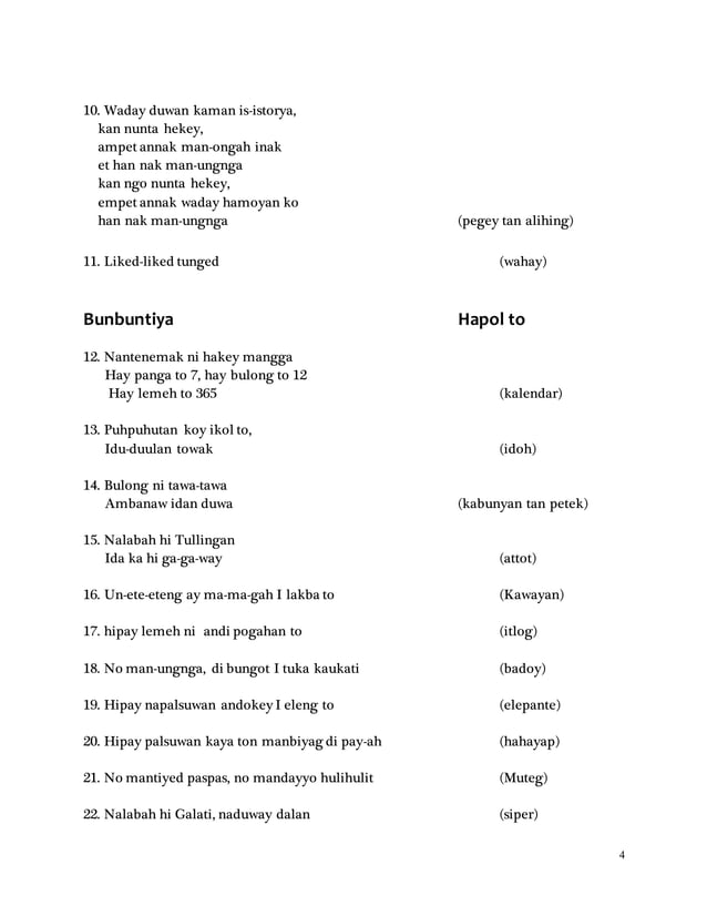 Kalanguya Riddles (Ikayo Manbunbuntiya Kisso) | DOCX | Education