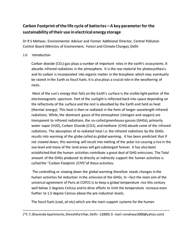 Carbon Footprint of the life cycle of batteries – A key parameter for ...