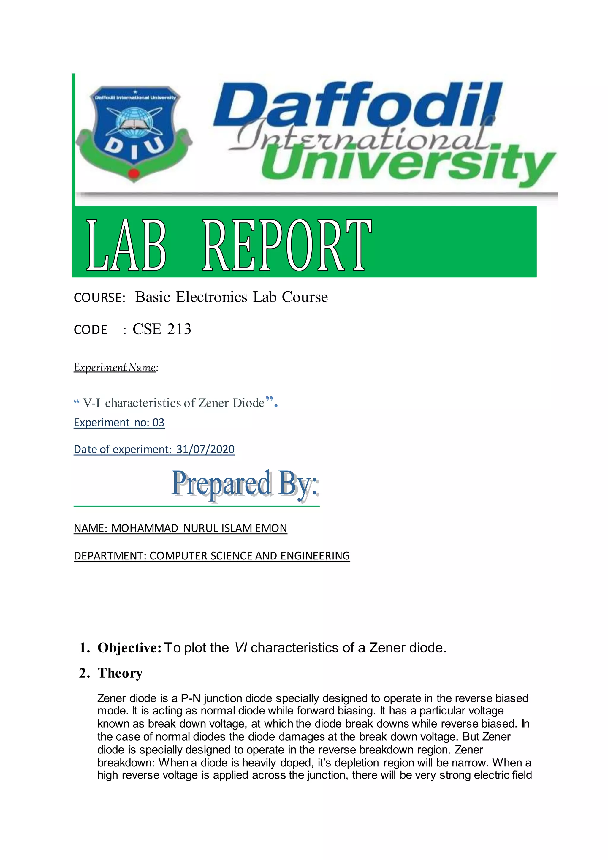 V-I characteristics of Zener Diode | DOCX